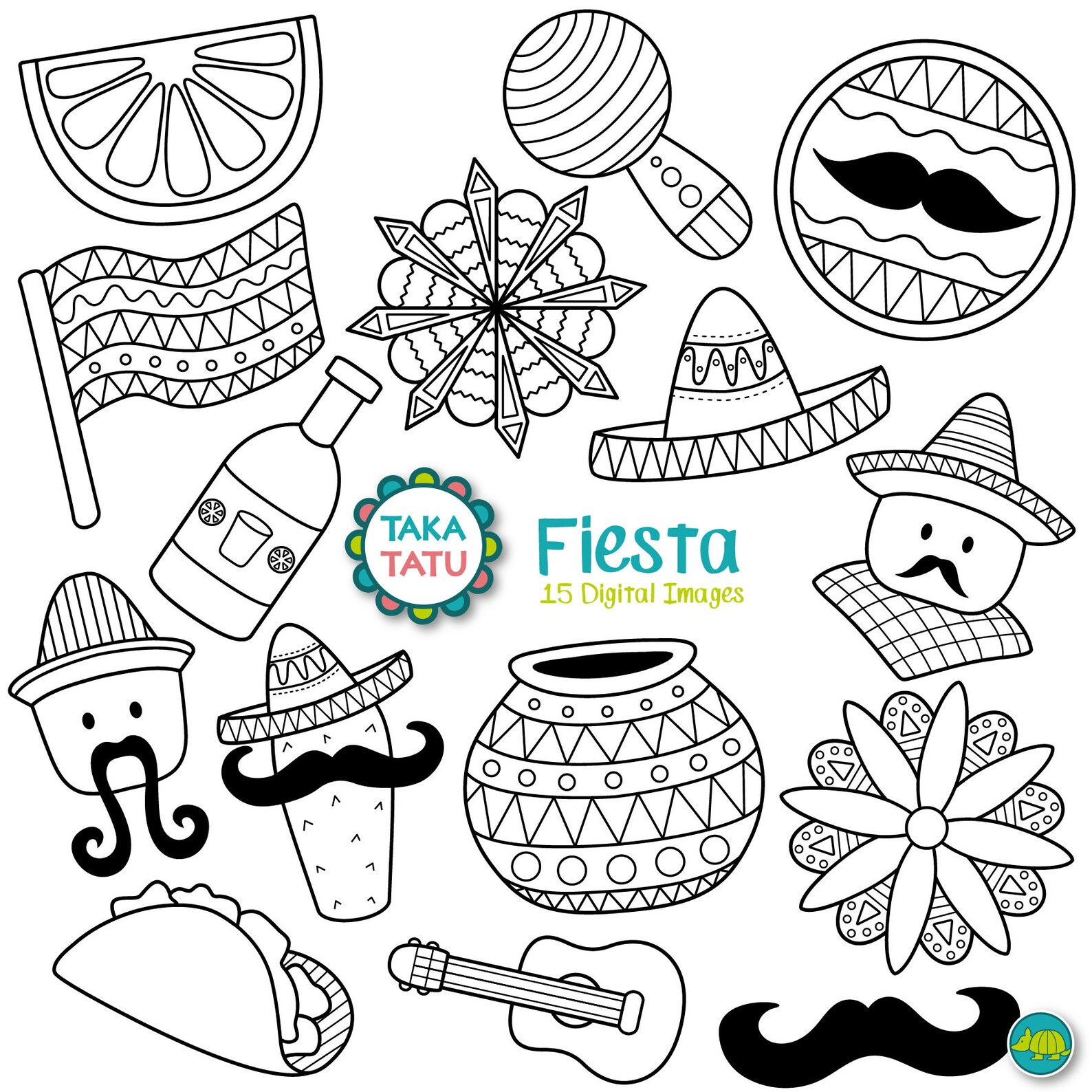 Fiesta Doodles Digital Stamp Pack Black and White Clipart / - Etsy