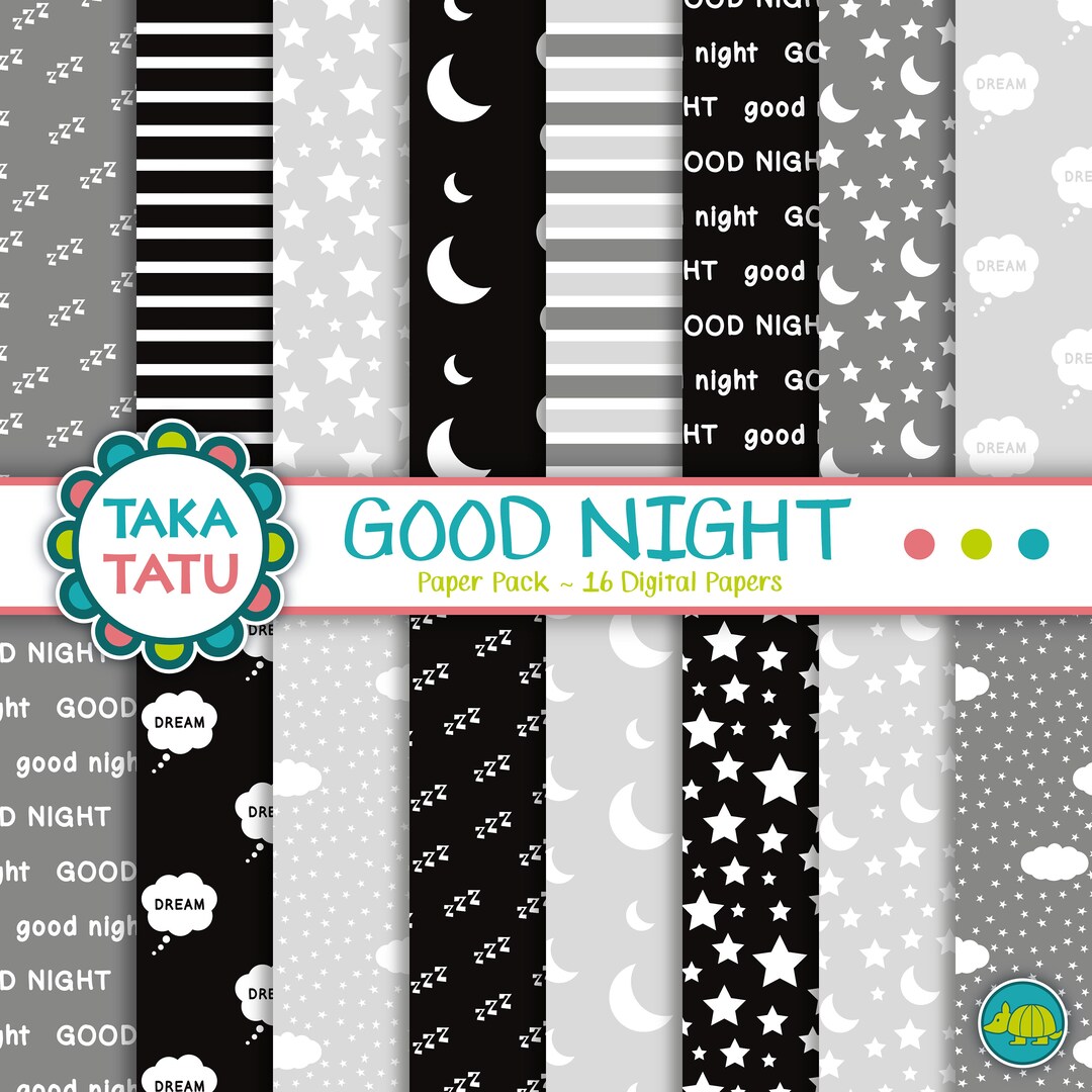 Good Night Digital Paper - Black White and Grey / Scrapbook Paper ...