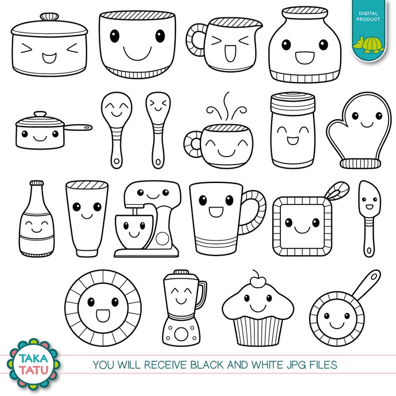 Kawaii Kitchen Digital Stamp Pack Black and White Clipart Cute Kitchen ...