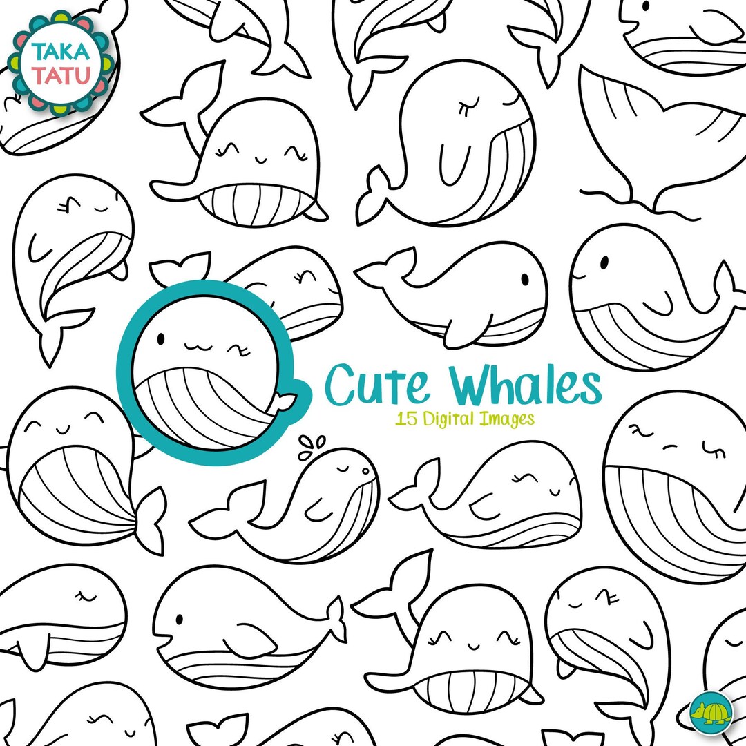 Cute Whales Black and White Digital Stamp / Whale Doodles Black and ...