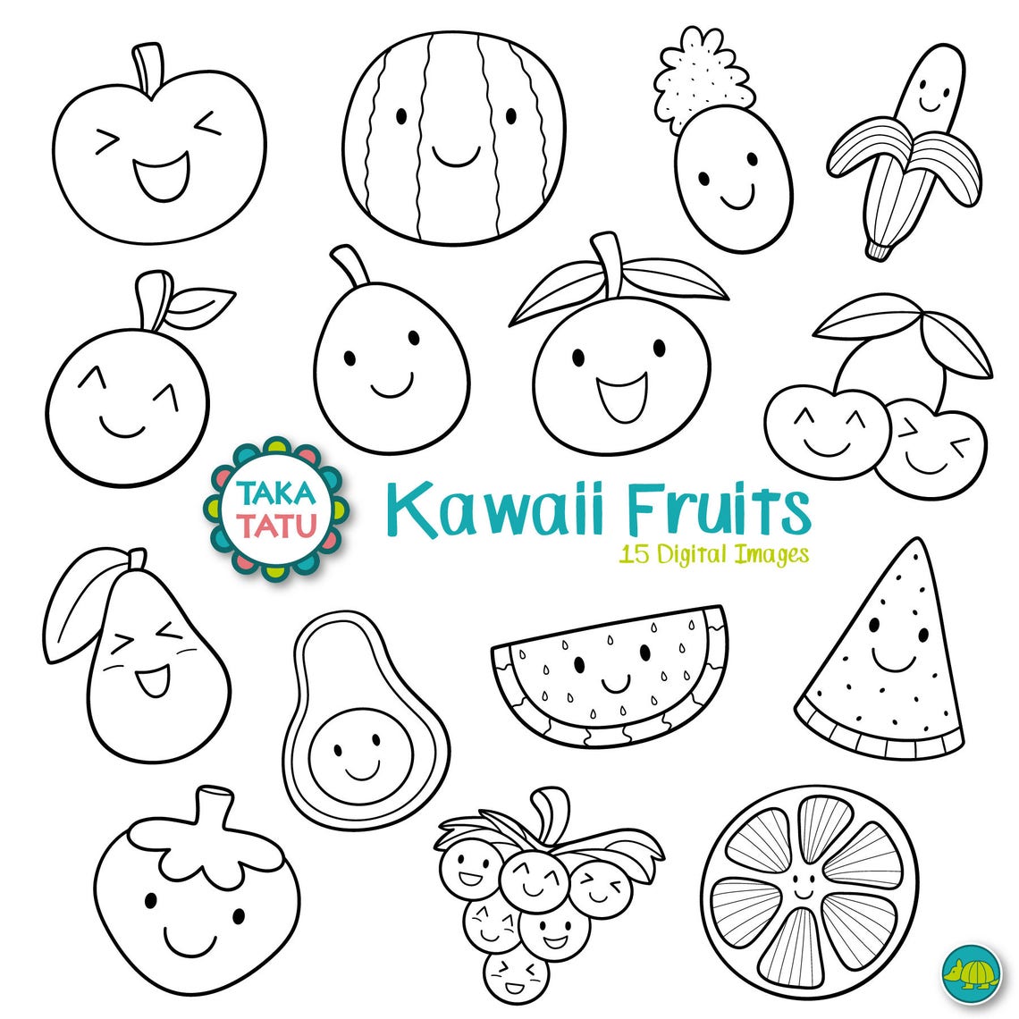 Kawaii Fruits Digital Stamp Black and White Clipart / Kawaii | Etsy