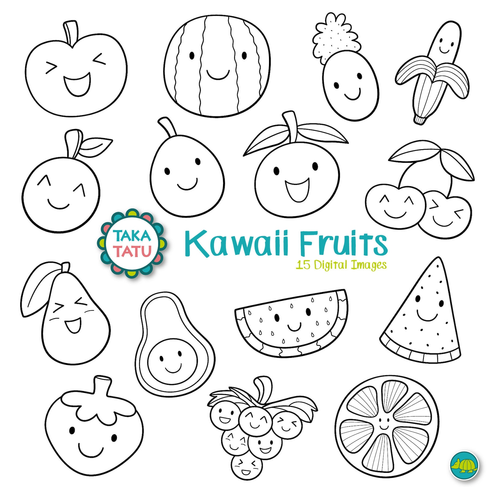 Kawaii Fruits Digital Stamp - Black and White Clipart / Kawaii Fruits ...
