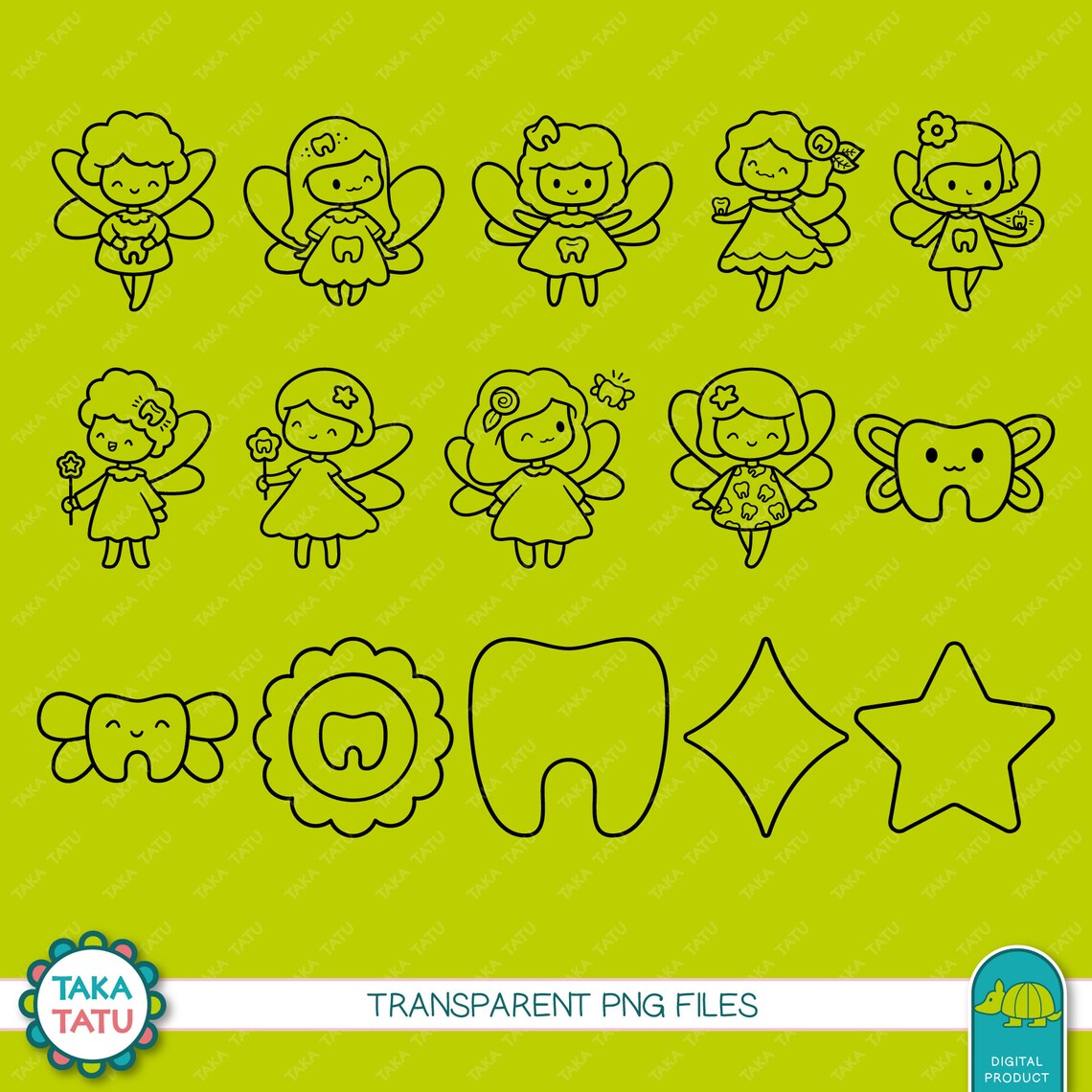 Tooth Fairy Black and White Clipart - Cute Tooth Fairy Doodle Line Art ...