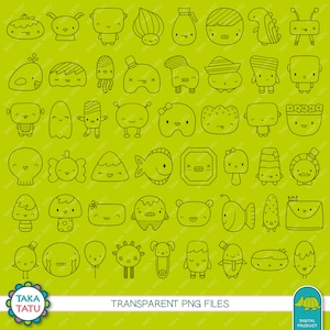 Cute Creatures Digital Stamp Pack - Kawaii Doodles Line Printable ...