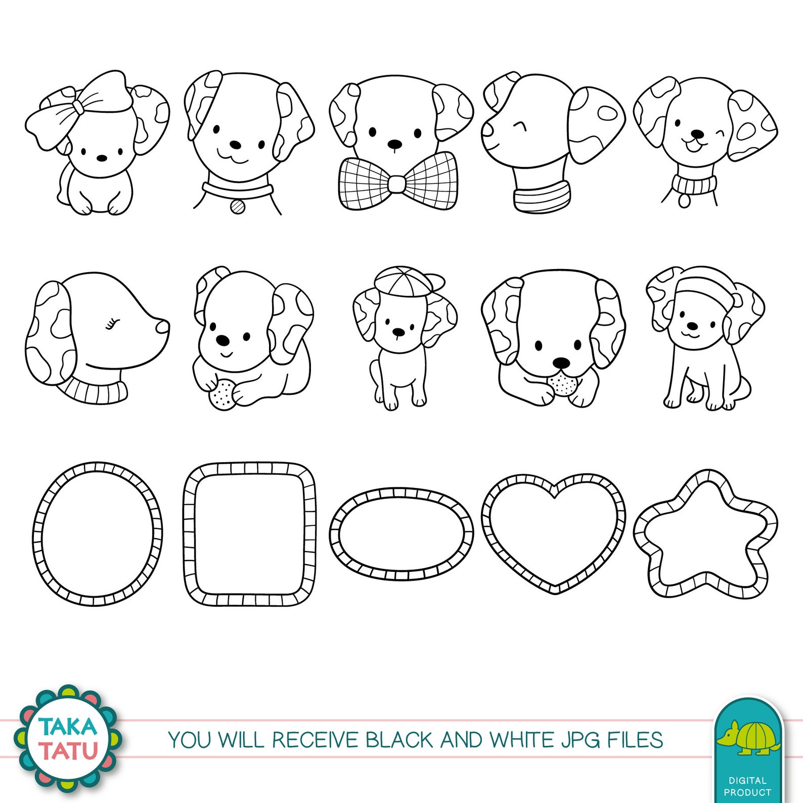 Happy Dogs Black and White Doodle Printable Digital Stamp for | Etsy