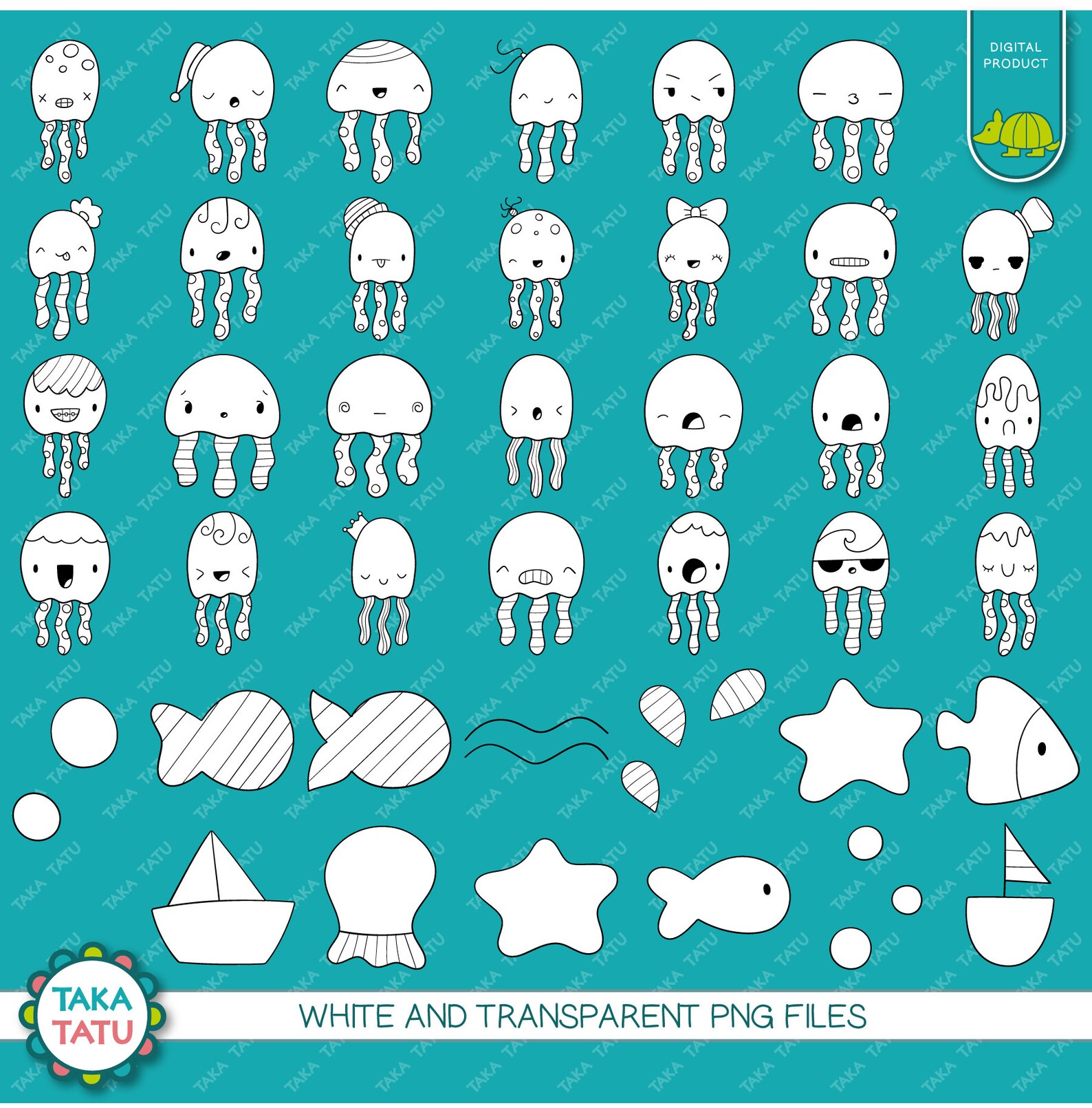 Jellyfish Doodles Clipart - Sea Digital Stamp / Cute Jellyfish ...