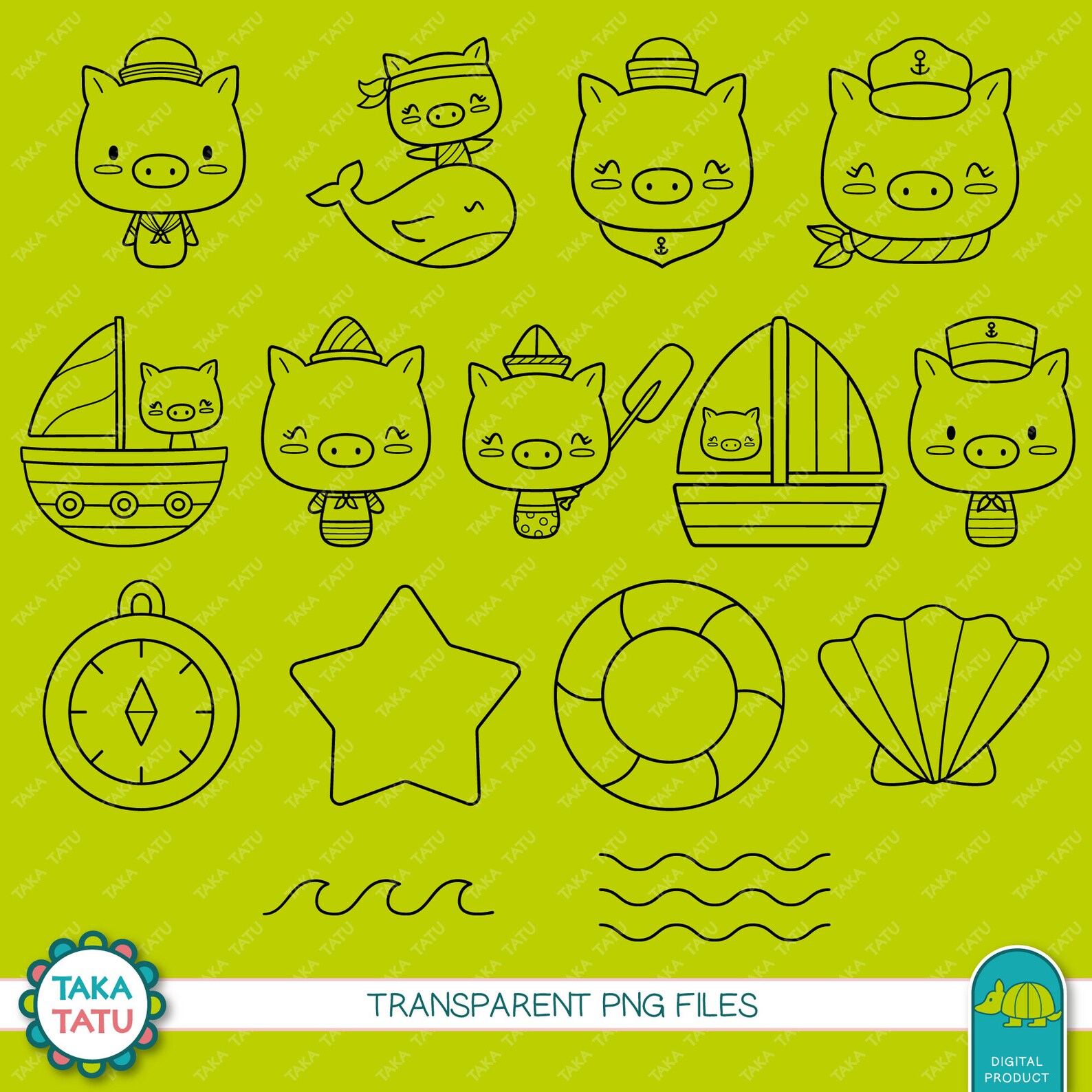 Sailor Pigs Digi Stamp - Cute Pigs Clipart / Black and White Pig ...