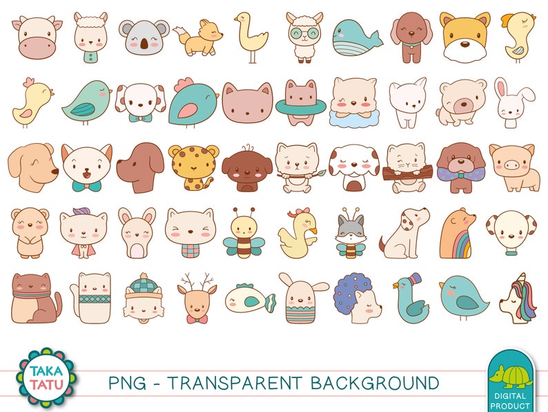 100 Cute Animals Clipart Kawaii Animals Digital Image / - Etsy