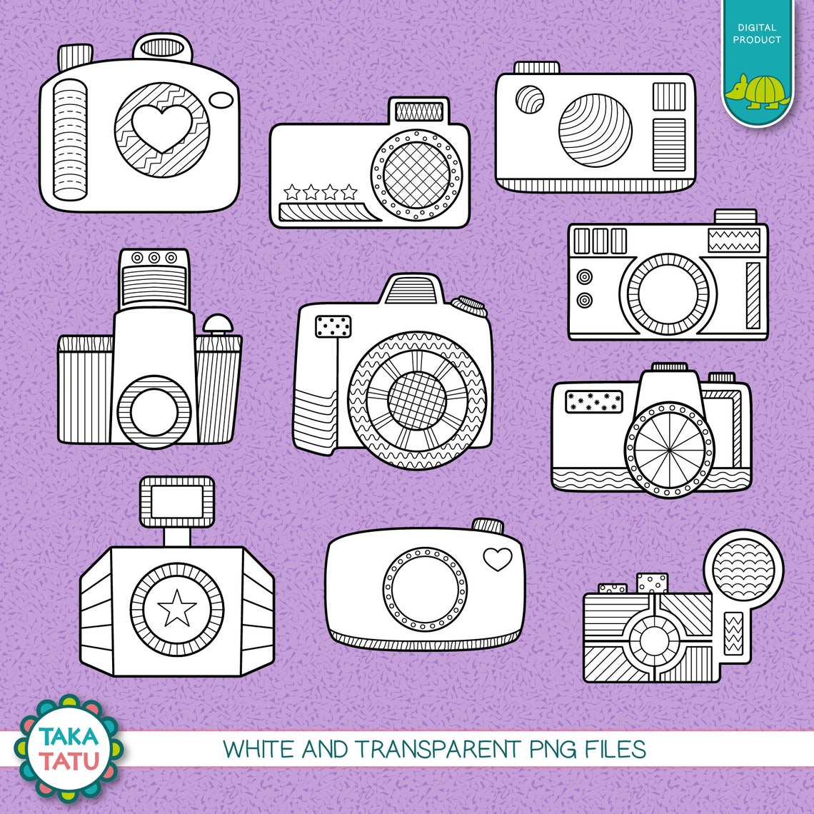 Camera Doodles Digital Stamp Pack - Black and White Clipart ...
