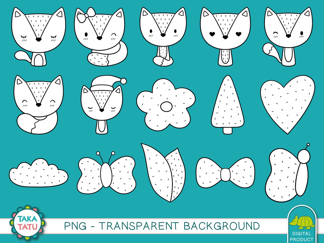 Fox Digital Stamp Fox Clipart / Hand Drawn Black and White | Etsy