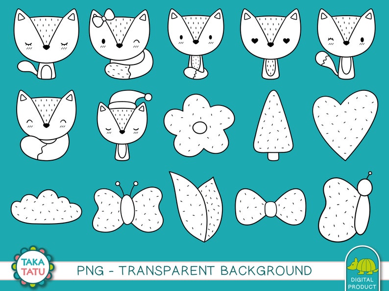 Fox Digital Stamp Fox Clipart / Hand Drawn Black and White - Etsy