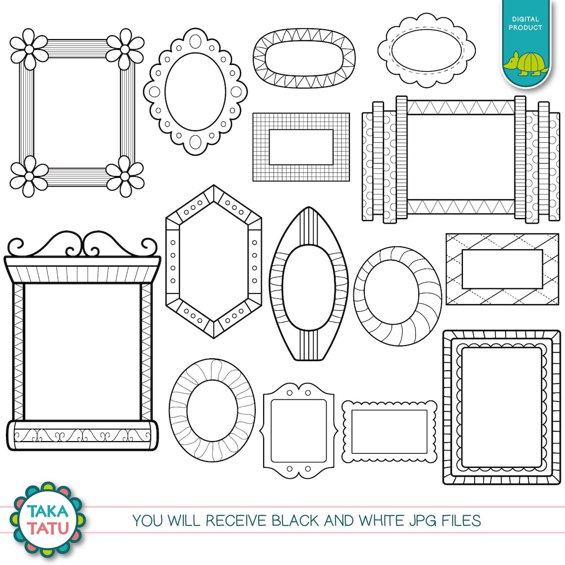 Doodle Frames Digital Stamp Pack - Black and White Clipart / Black and ...