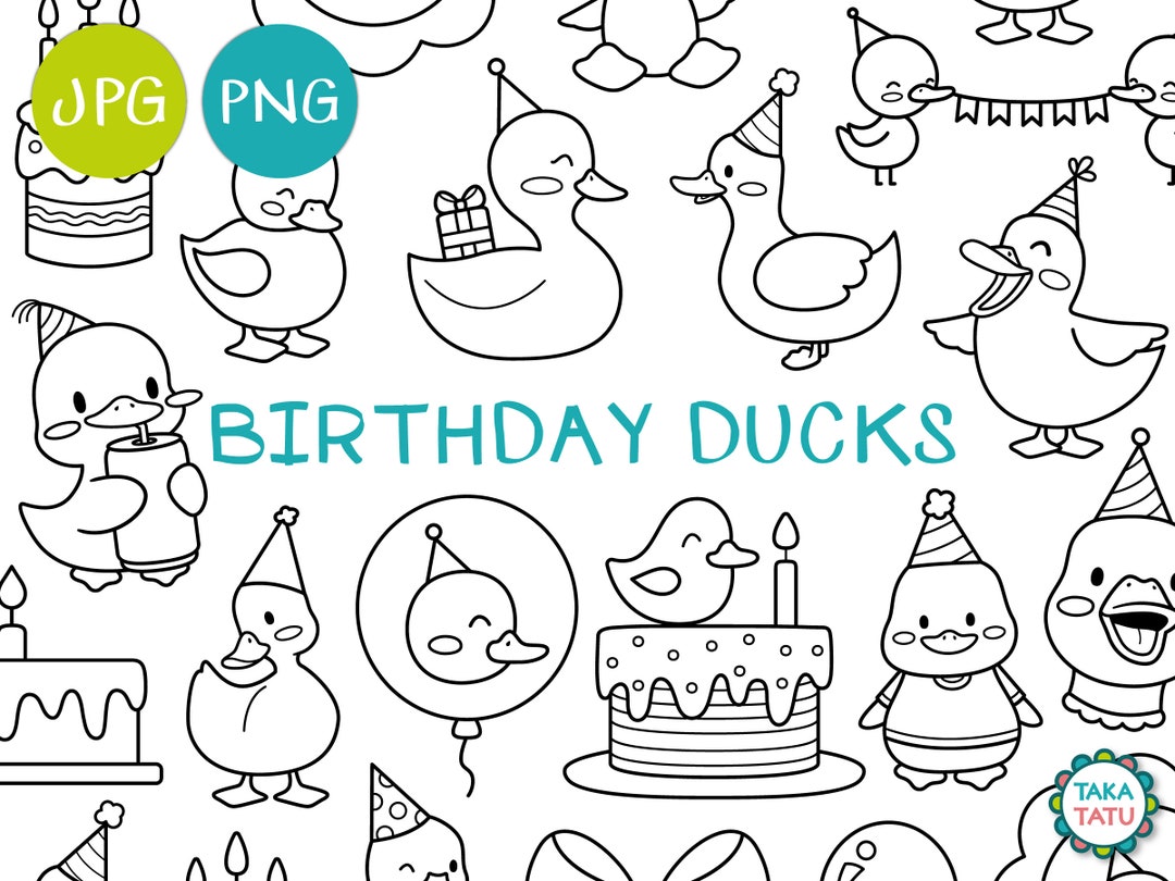 BIRTHDAY DUCK CLIPART - Black and White Hand Drawn Birthday Themed ...