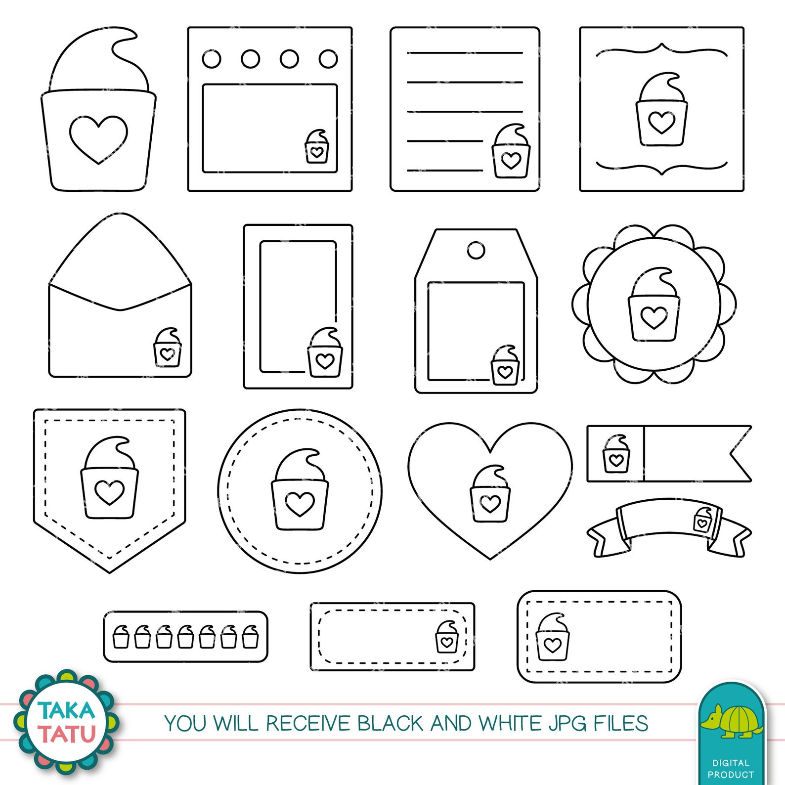 Cupcake Bullet Journal Digital Stamp - Black and White Line Art Cute ...