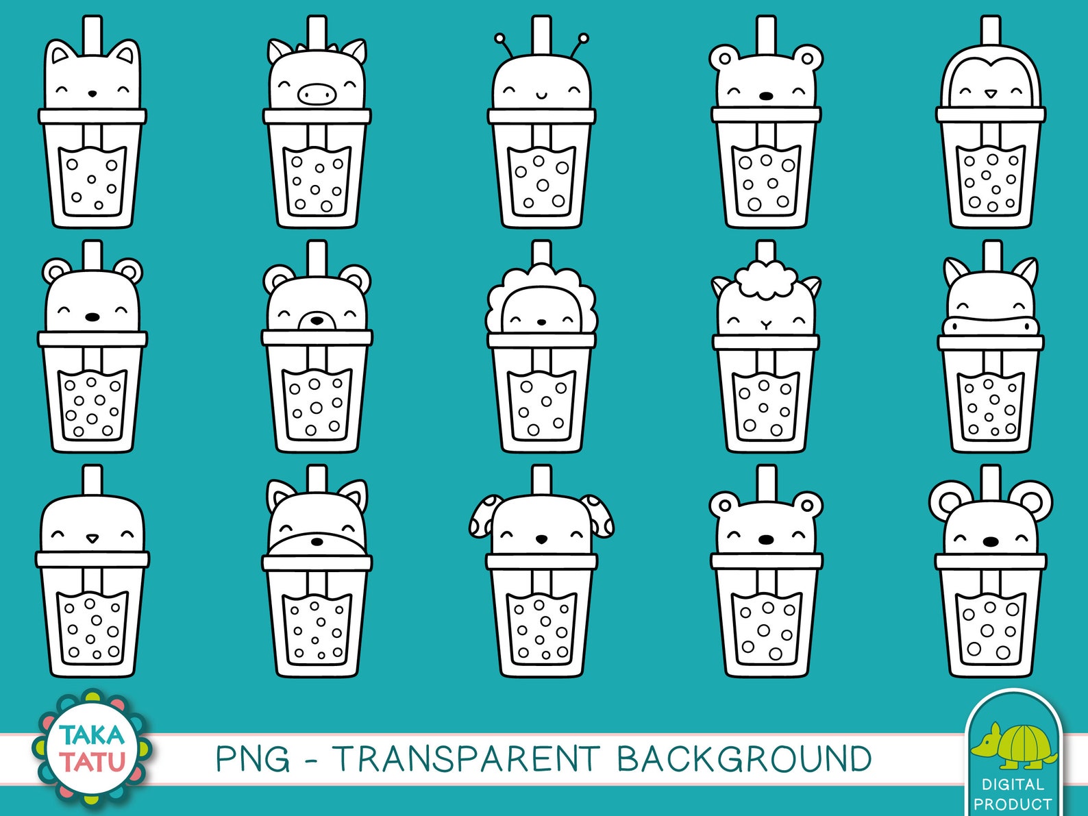 Bubble Tea Animals Digital Stamp Hand Drawn Cute Boba Tea - Etsy