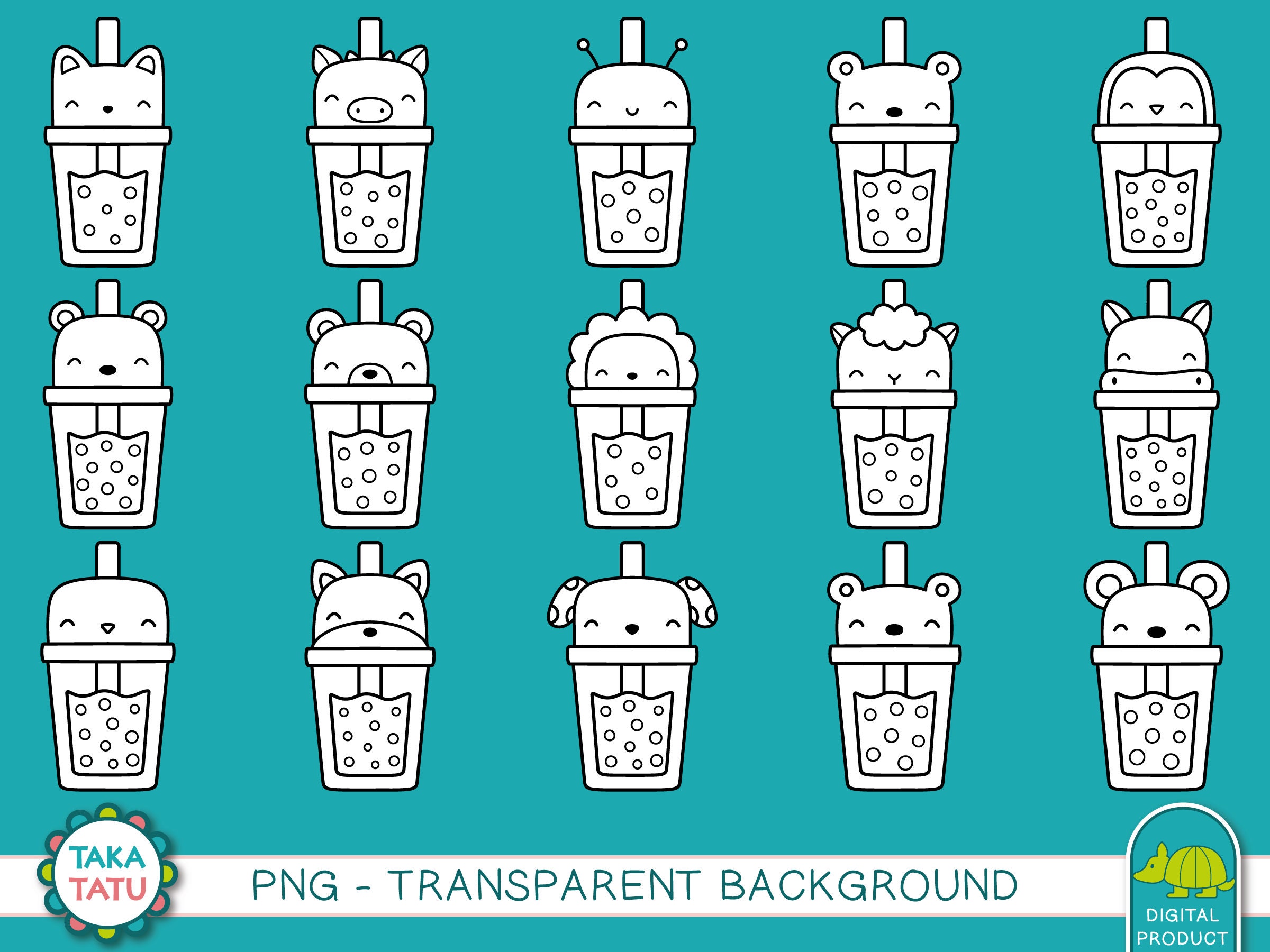 Bubble Tea Animals Digital Stamp Hand Drawn Cute Boba Tea - Etsy