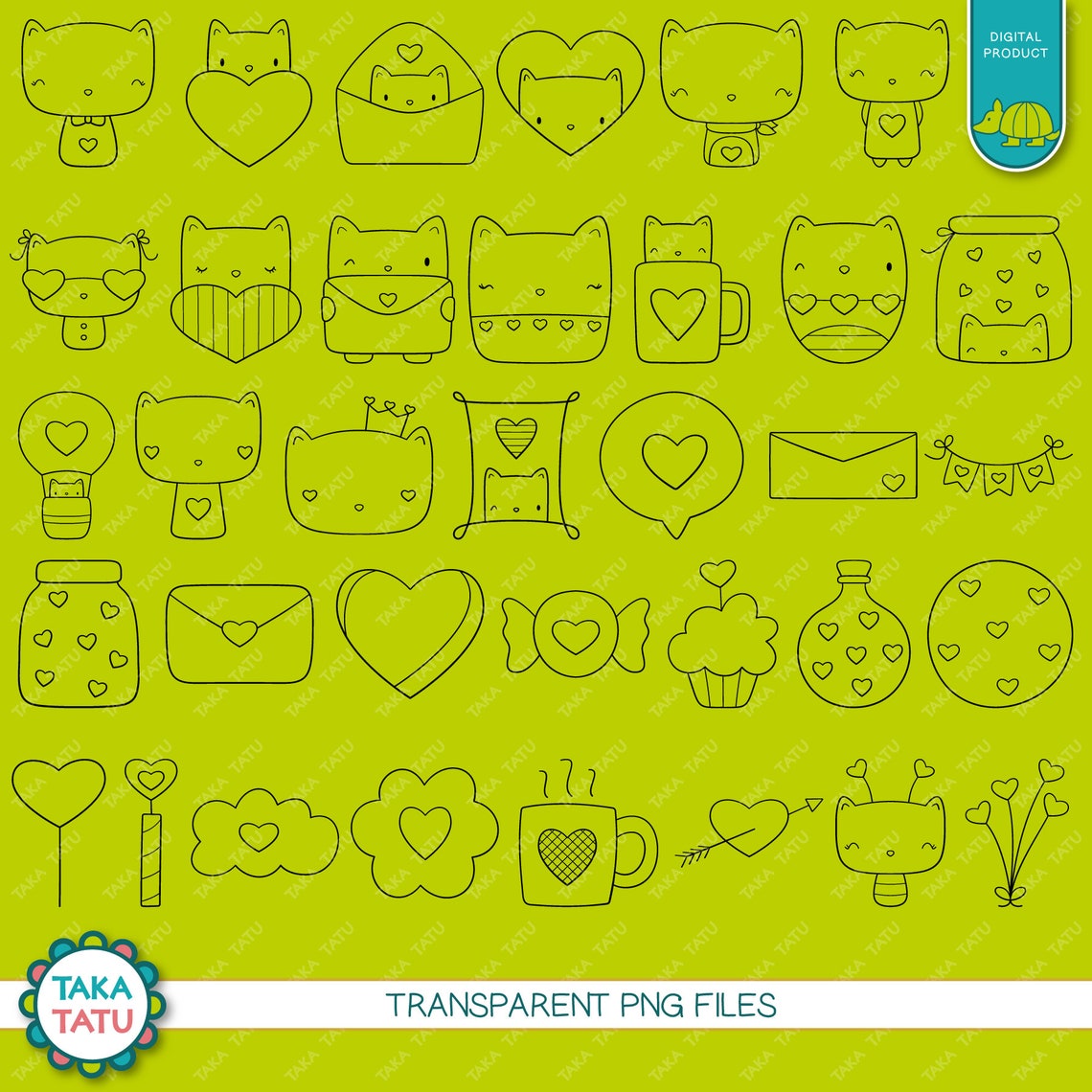 Valentine Cats Clipart Romantic Cat Doodles / Cat Doodles / | Etsy