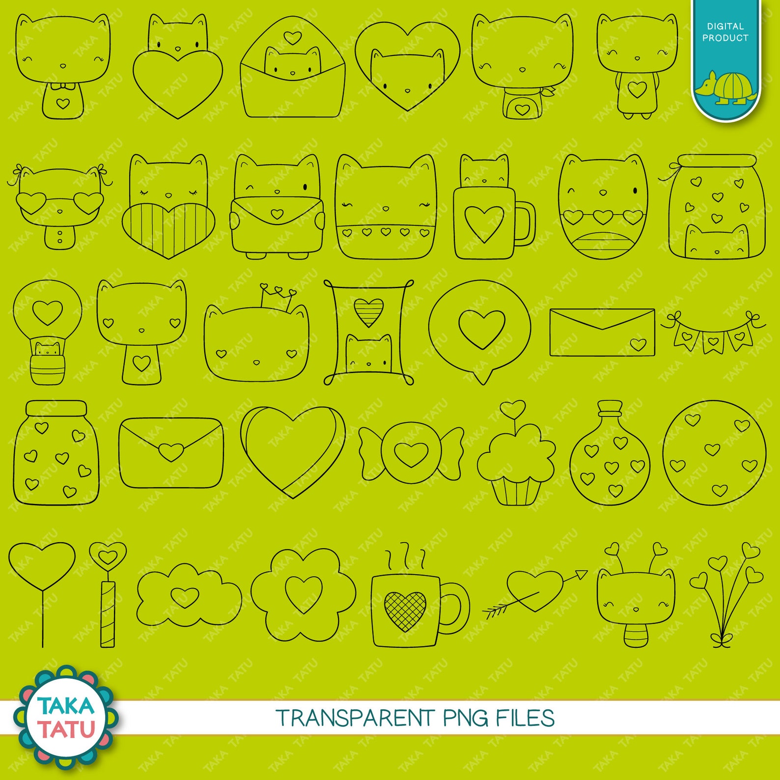 Valentine Cats Clipart - Romantic Cat Doodles / Cat Doodles / Cats and ...