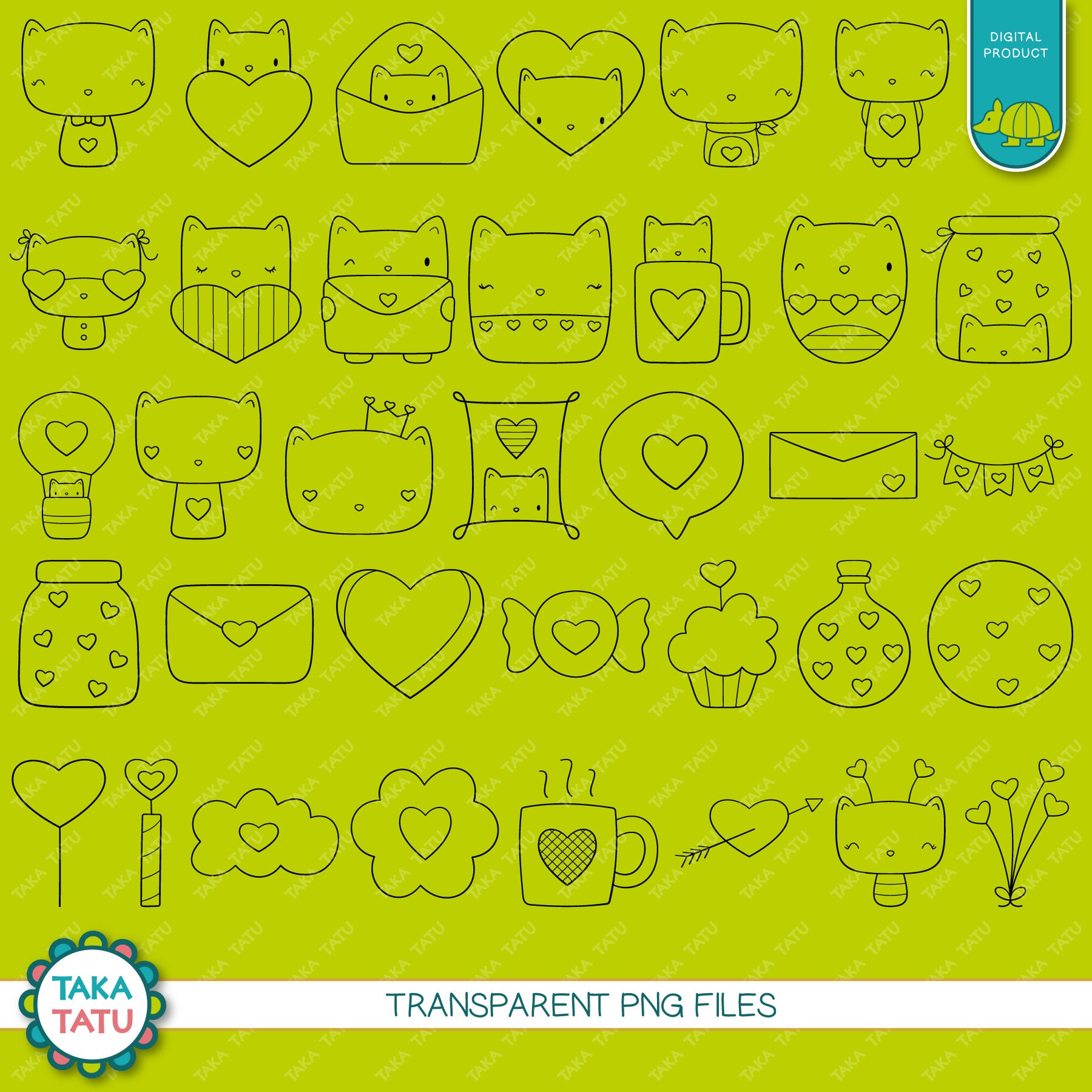 Valentine Cats Clipart Romantic Cat Doodles / Cat Doodles / | Etsy