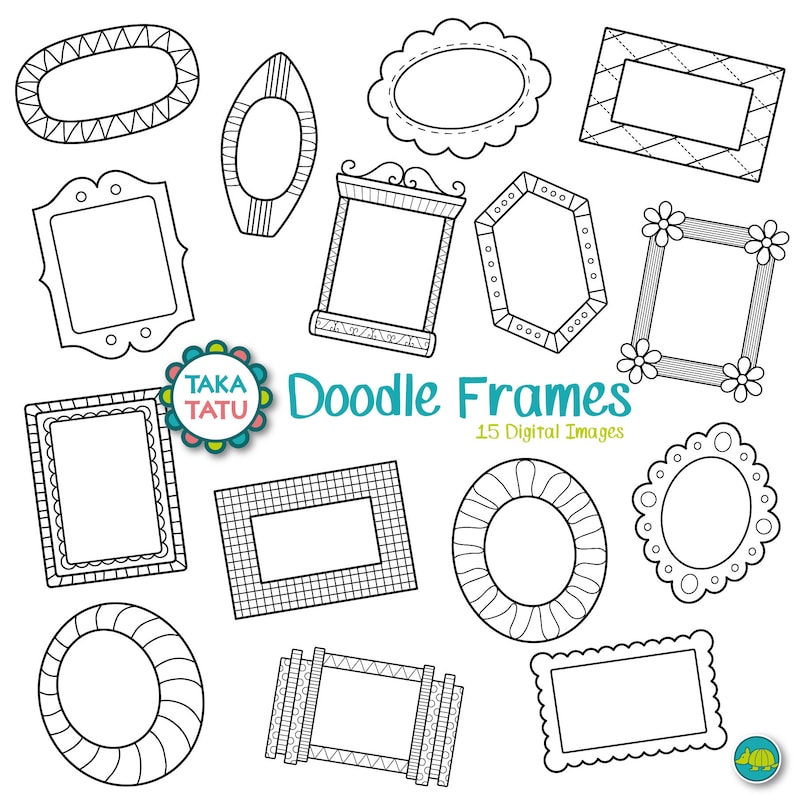 Doodle Frames Digital Stamp Pack - Black and White Clipart / Black and ...