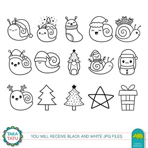 15 Christmas Snail Doodles Clipart - Black and White Line Art Christmas ...