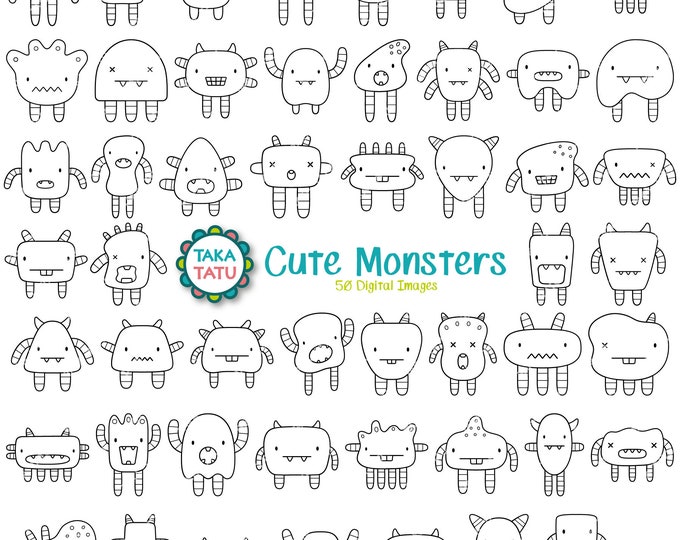 Monster Digital Stamps. PNG Black Line Art, Silly Monster Doodles ...