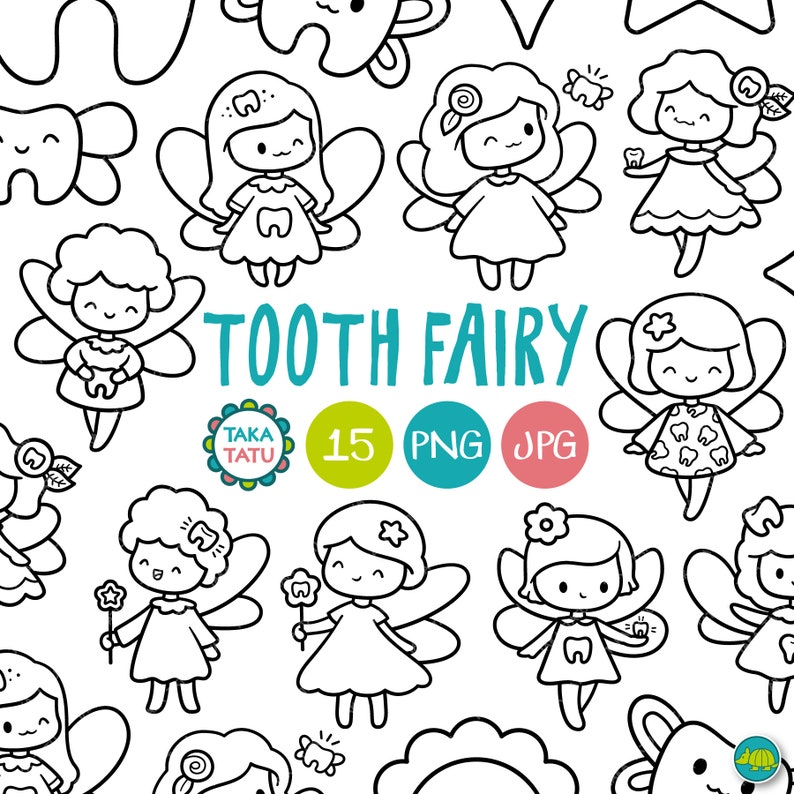 Tooth Fairy Black and White Clipart - Cute Tooth Fairy Doodle Line Art ...