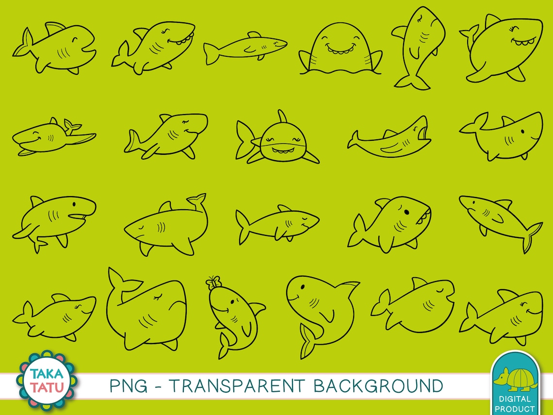 Cute Sharks Digital Stamp Pack Shark Doodles Black and White | Etsy