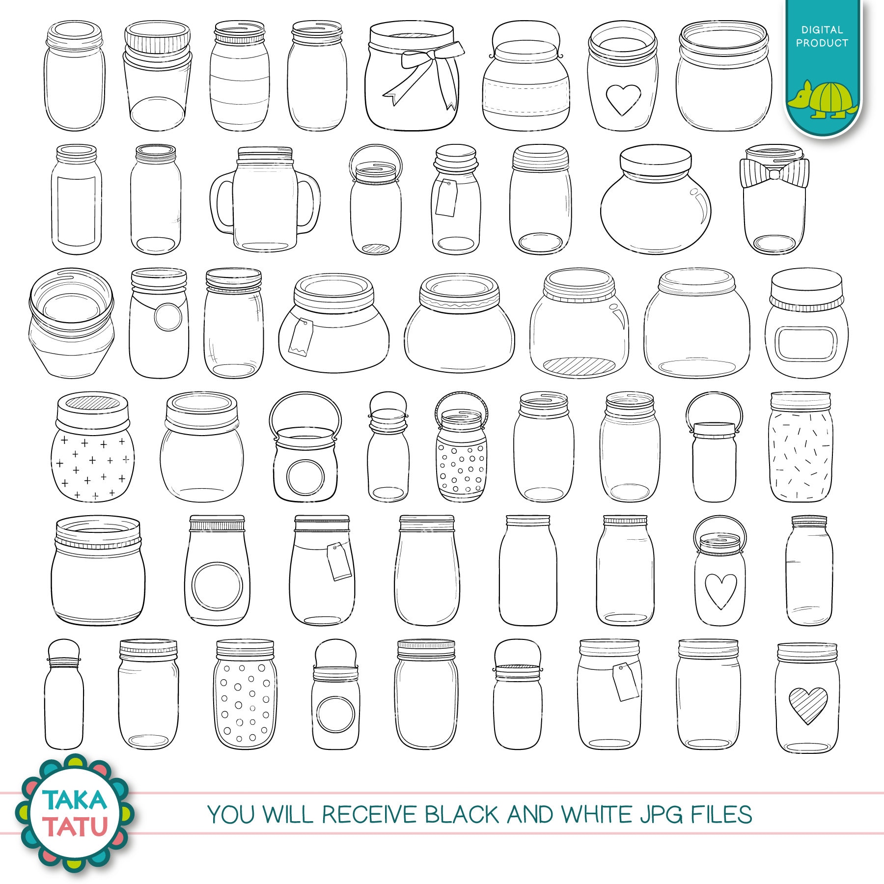 Mason Jar Digital Stamp - Mason Jar Clipart / Mason Jar Doodles / Line ...