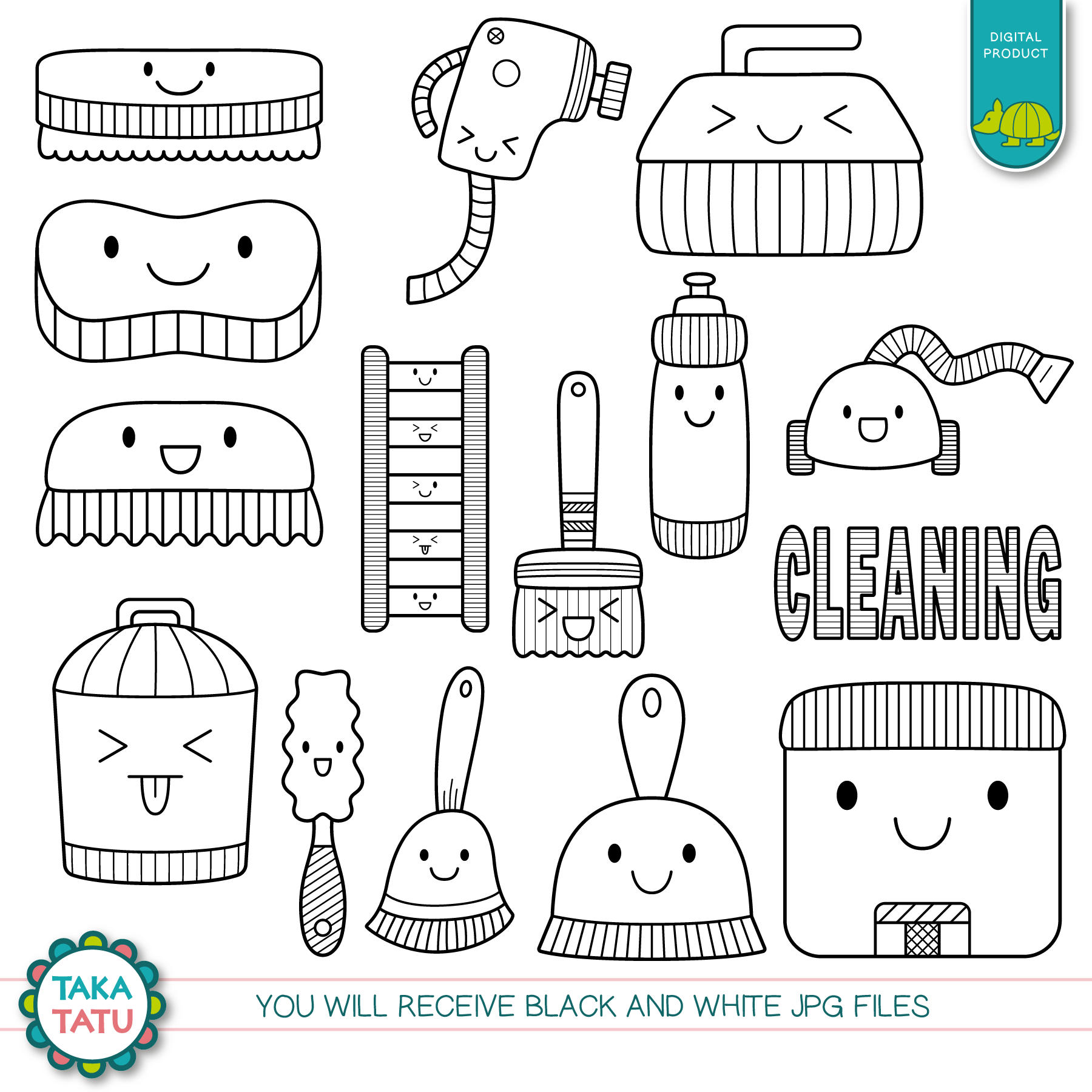 Cleaning Digital Stamp Kawaii Cleaning Clipart / Cleaning | Etsy