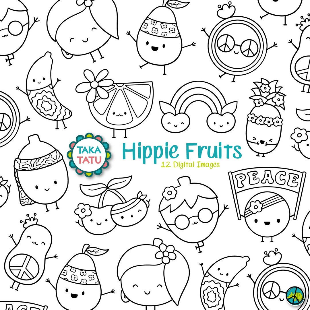 Hippie Fruits Stamp Set - Kawaii Hippie Fruits / 70s Doodles / Fun 70s ...