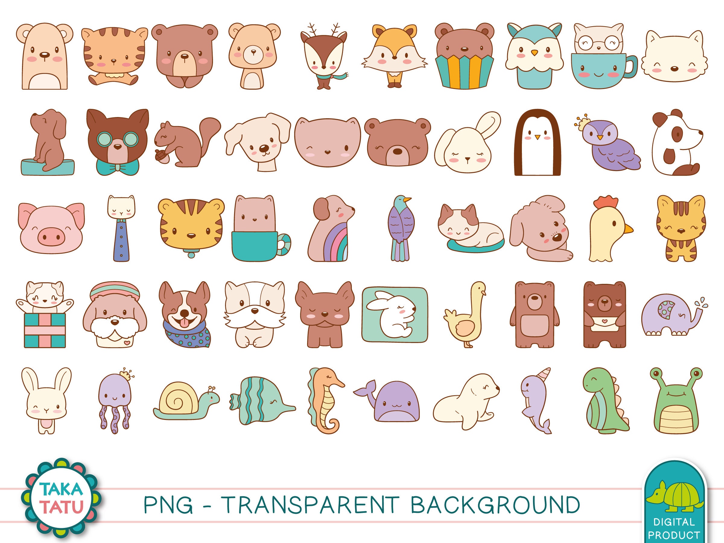 100 Cute Animals Clipart Kawaii Animals Digital Image / - Etsy