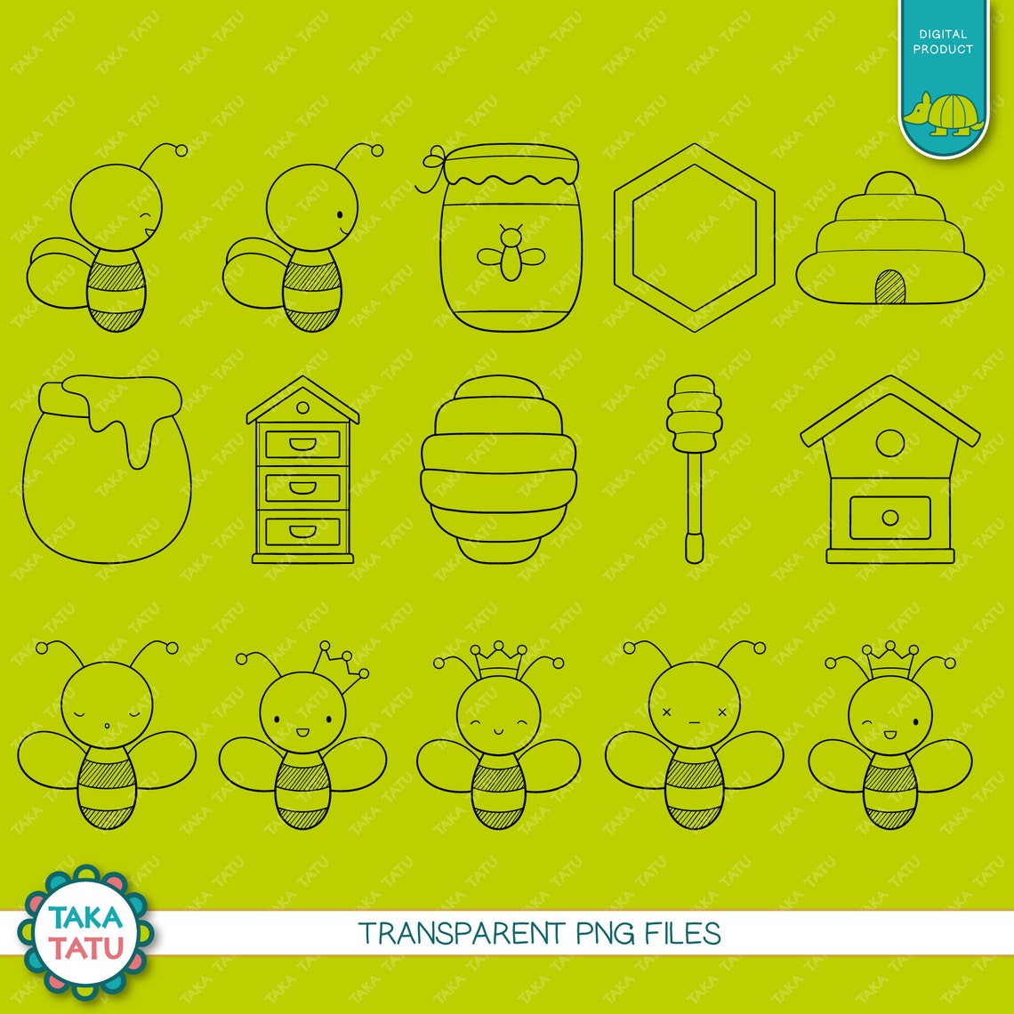 Honey Bee Digital Stamp Pack - Printable Clipart / Kawaii Bees Line Art ...