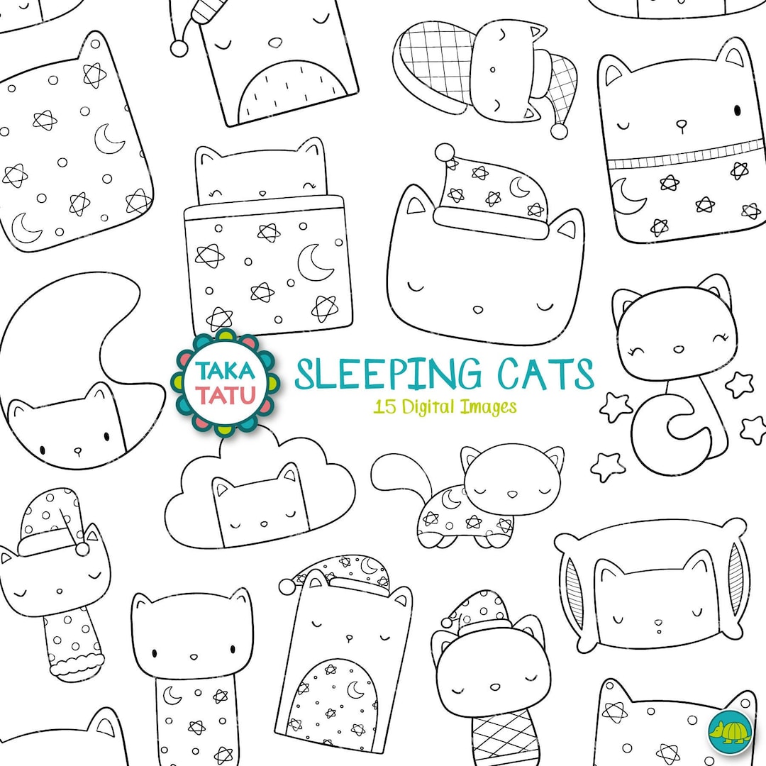 Sleeping Cats Clipart - Bedtime Digital Stamp / Good Night Doodles ...