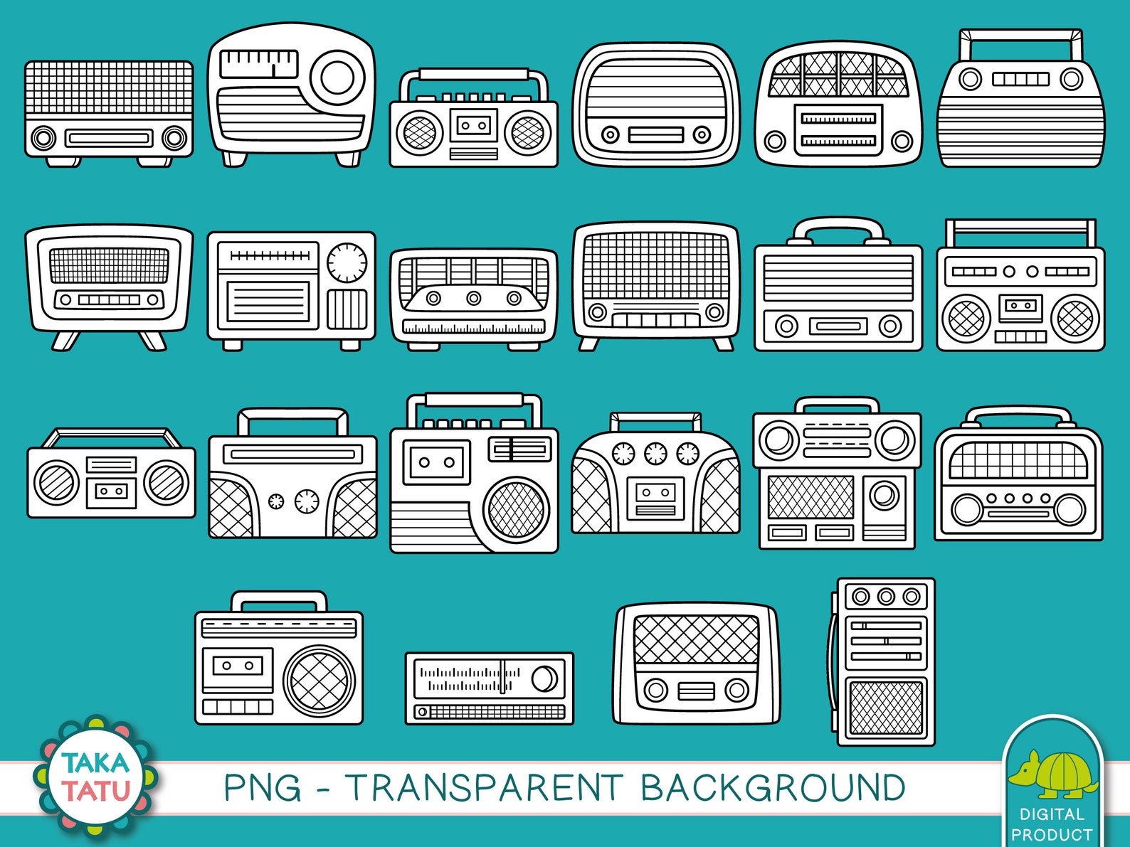 Vintage Radio Digital Stamp Black and White Set - Vintage Music / Retro ...