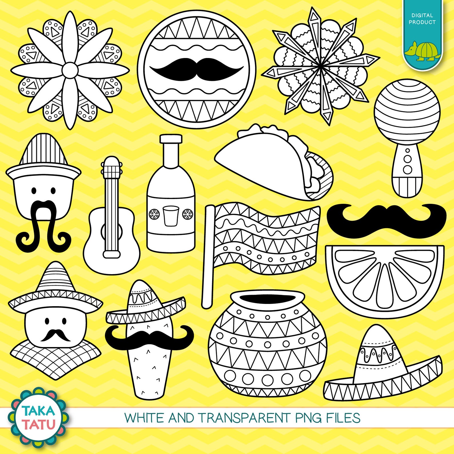 Fiesta Doodles Digital Stamp Pack Black and White Clipart / - Etsy