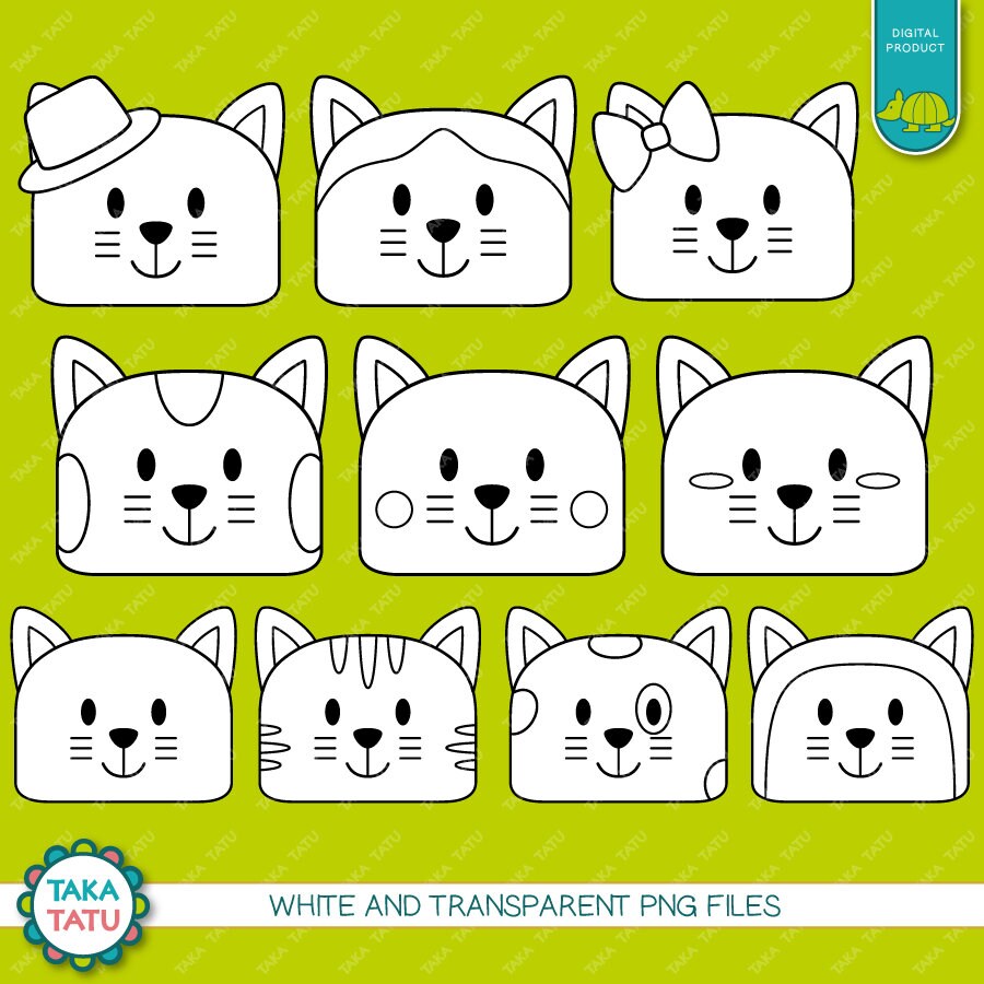 Cat Faces Digital Stamp - Cat Faces Clipart / Cat Square Face / Simple ...