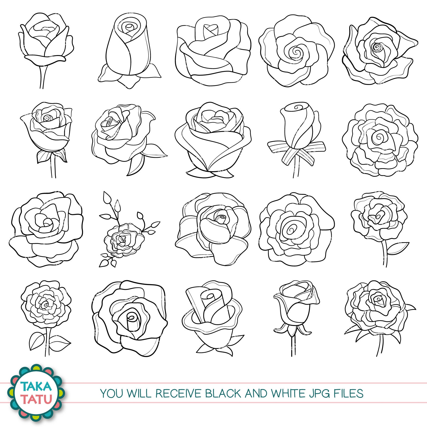 Rose Doodles Clipart Black and White Flower Digital Stamp / | Etsy