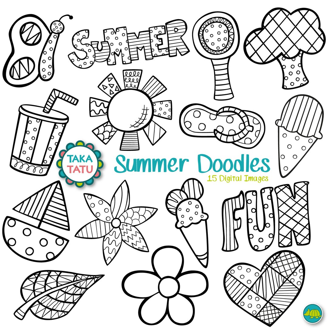 Summer Doodles Digital Stamp Pack - Black and White Clipart / Hand ...