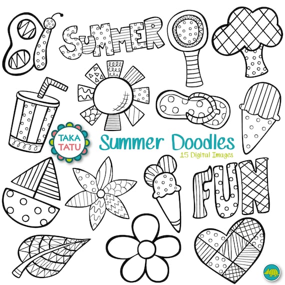 Summer Doodles Digital Stamp Pack Black and White Clipart / - Etsy