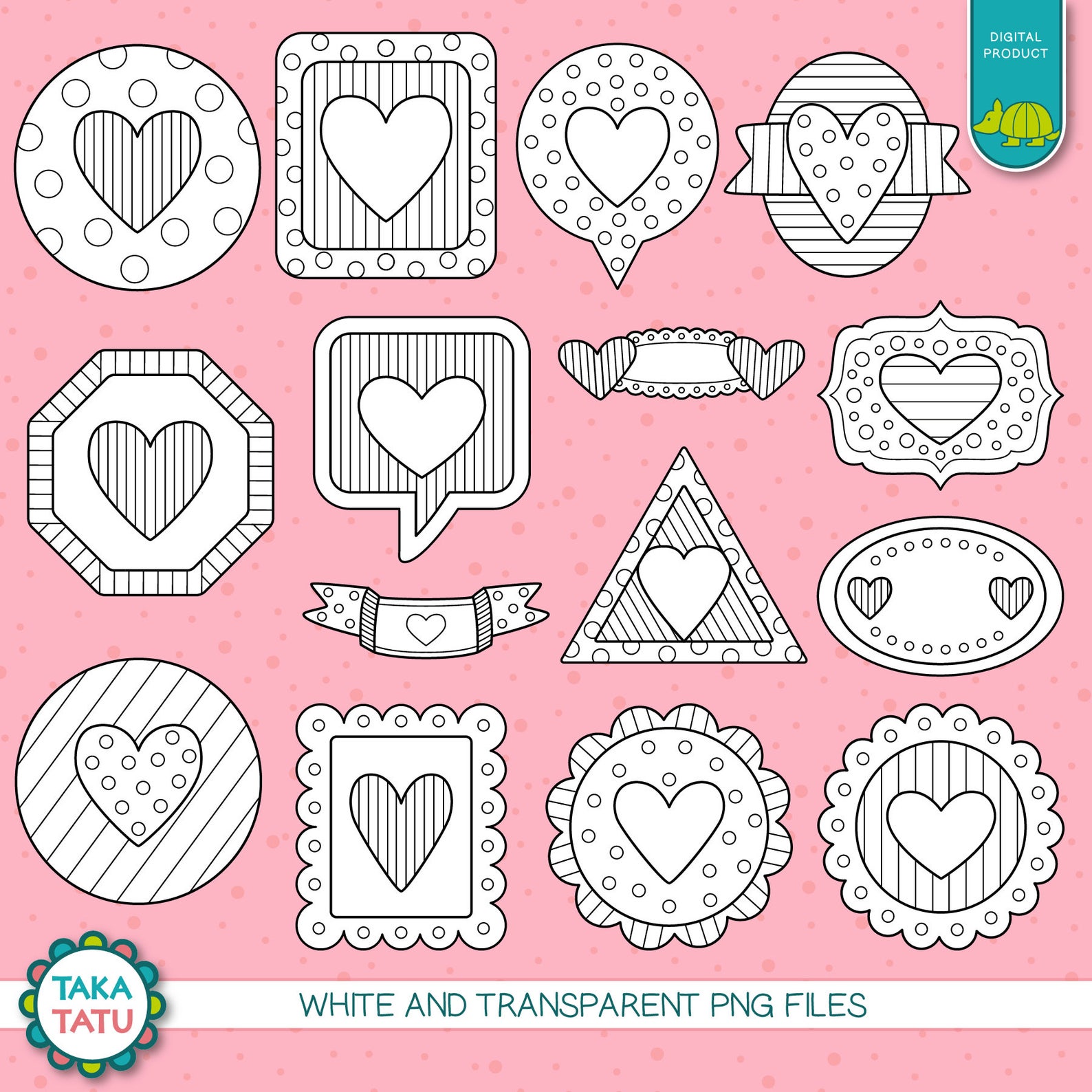 Hearts Digital Stamp Pack - Black and White Clipart / Valentines ...