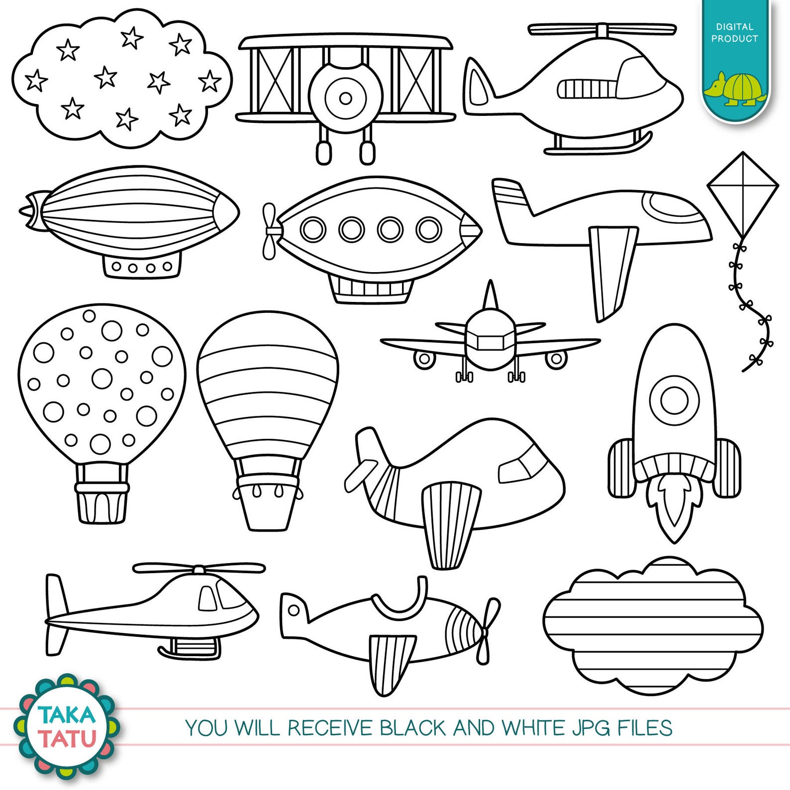 Airplane Digital Stamp Pack Black and White Clipart / Sky - Etsy
