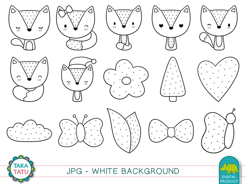 Fox Digital Stamp Fox Clipart / Hand Drawn Black and White | Etsy