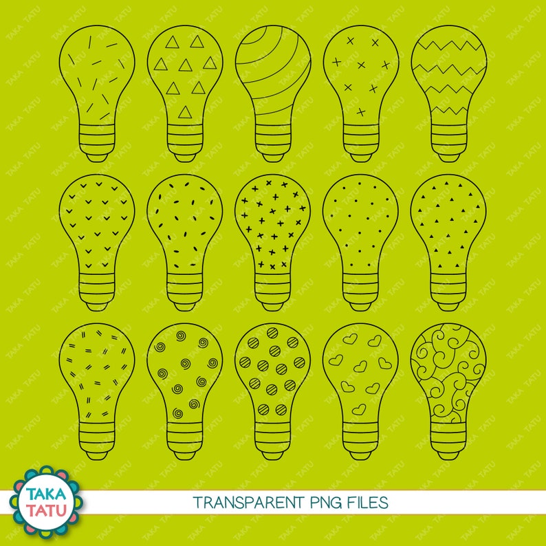 Cute Light Bulb Printable Line Art Graphics - Patterned Black and White ...