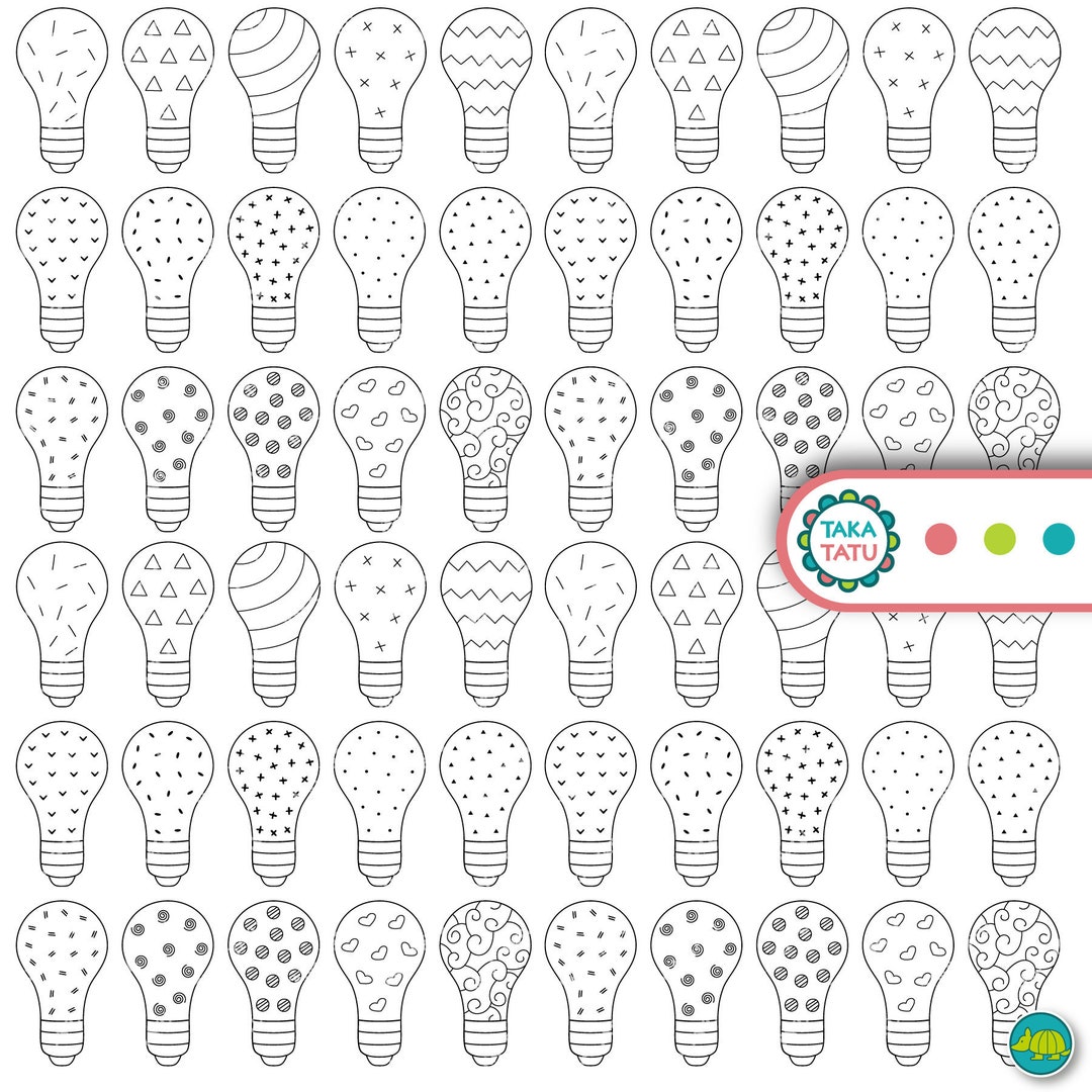 Cute Light Bulb Printable Line Art Graphics - Patterned Black and White ...