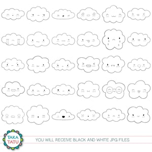 Kawaii Clouds Black and White Clipart - Digital Stamp Download / Kawaii ...