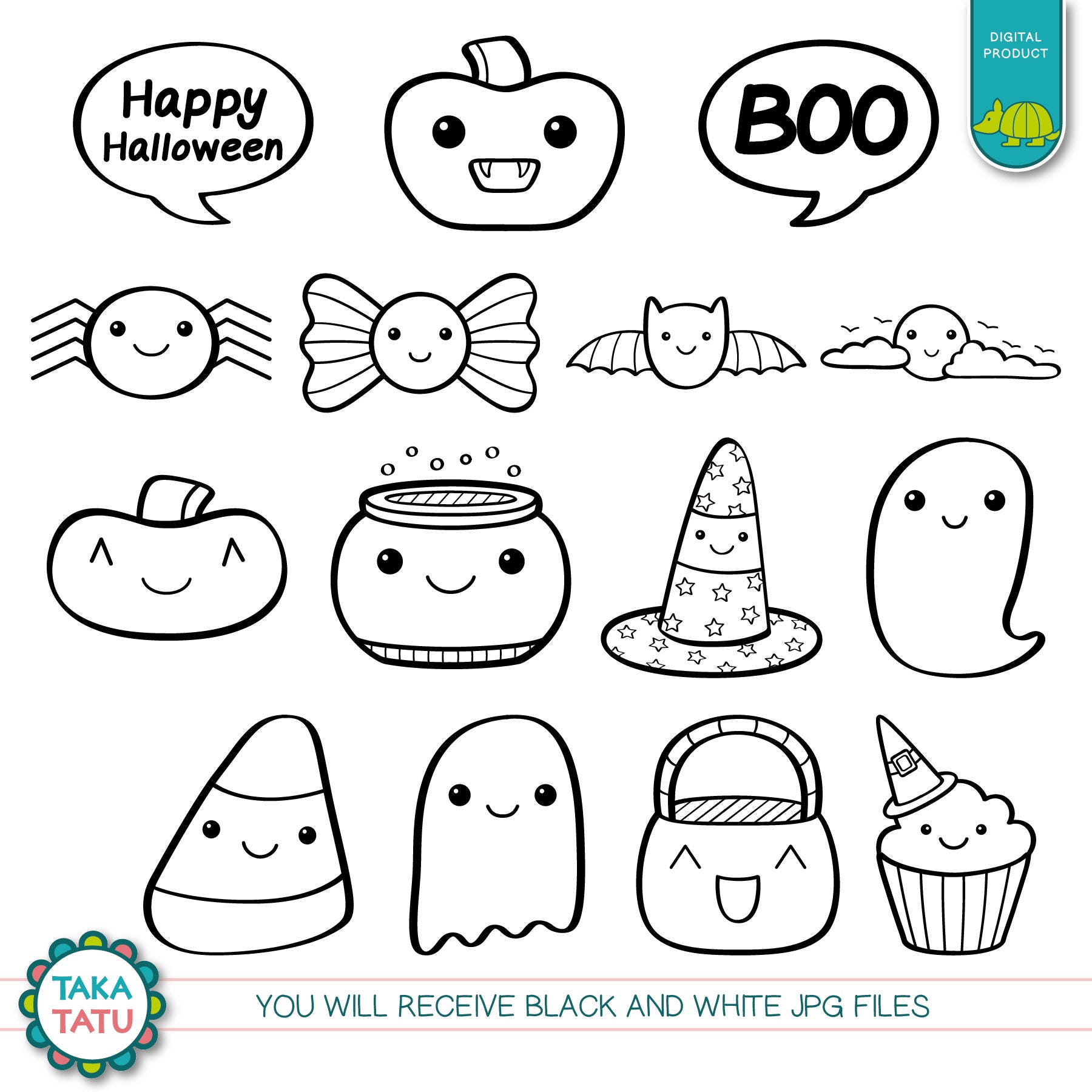 Kawaii Halloween Digital Stamp Pack Black and White Clipart - Etsy UK