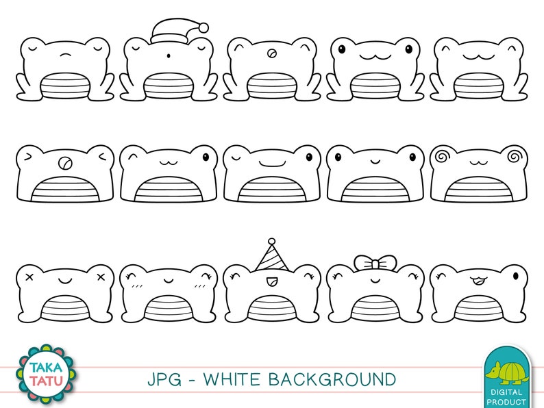 Cute Frogs Digital Stamp - Black and White Kawaii Frogs Printable Line ...