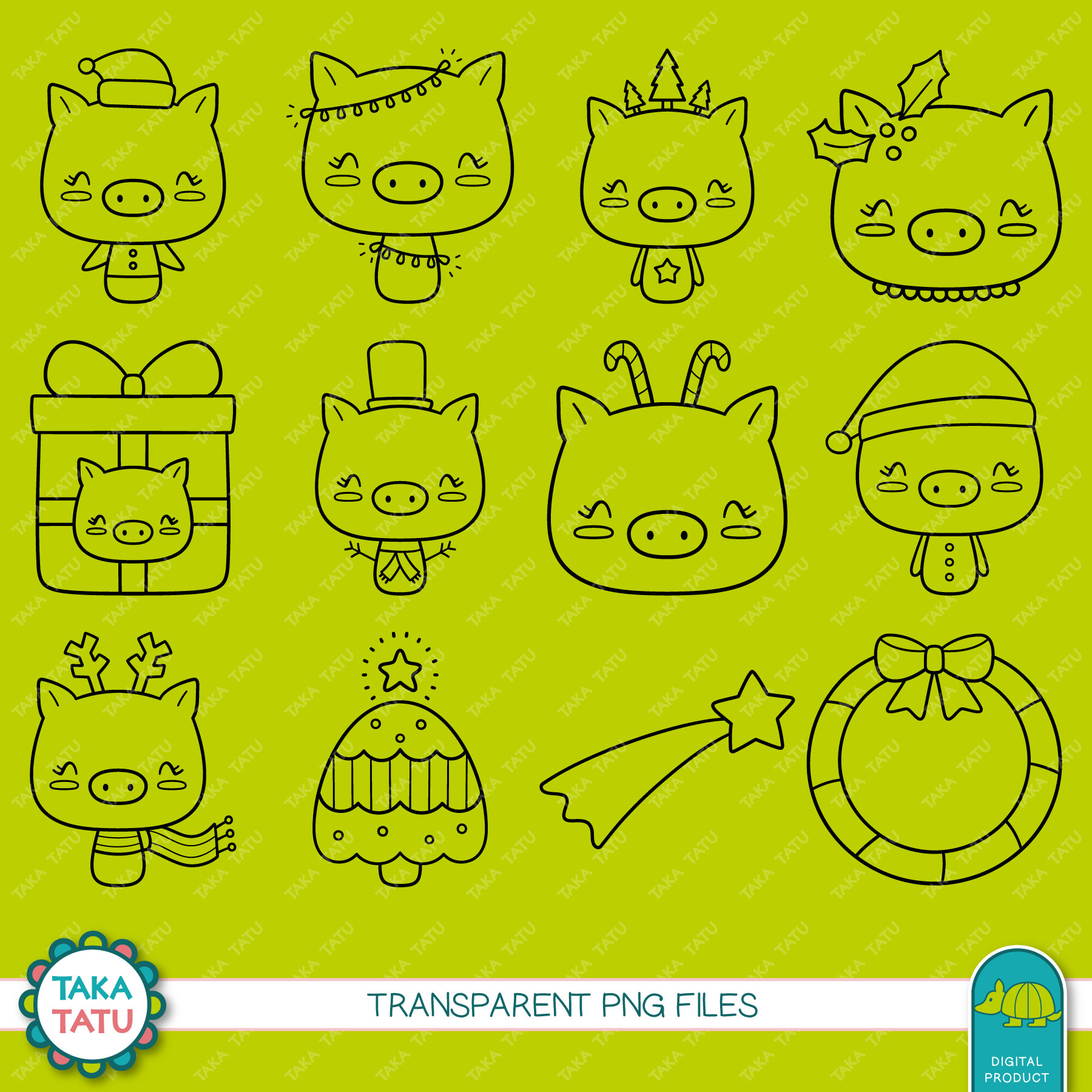 Cute Pigs Digital Stamps for Christmas - Cute Christmas Black and White ...