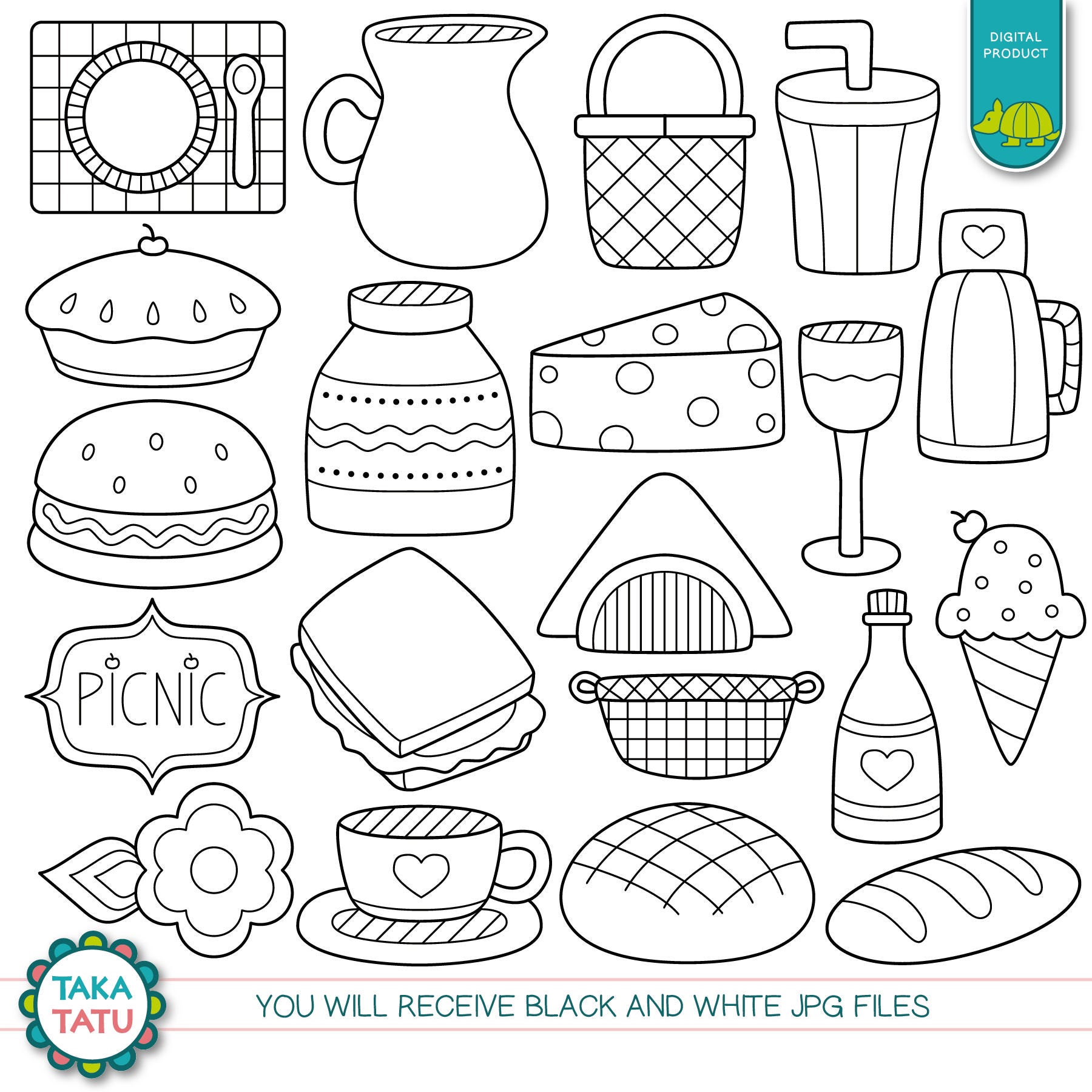 Picnic Doodles Digital Stamp Pack - Picnic Clip Art / Picnic Clipart ...